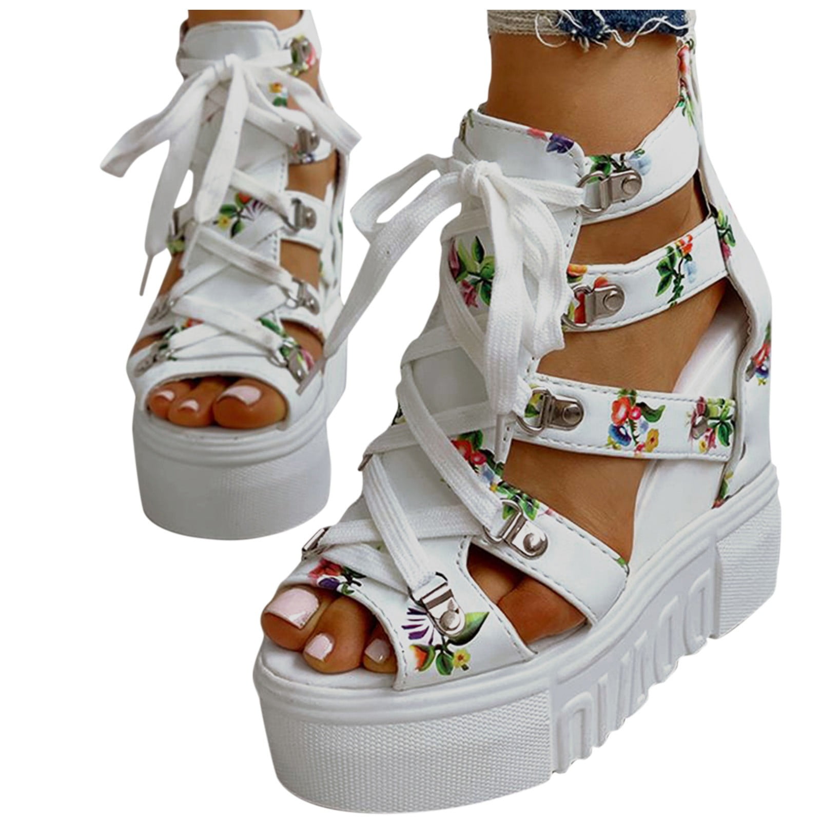 Oyedens Sandals For Women Flower Platform Hidden Wedge Gladiator ...