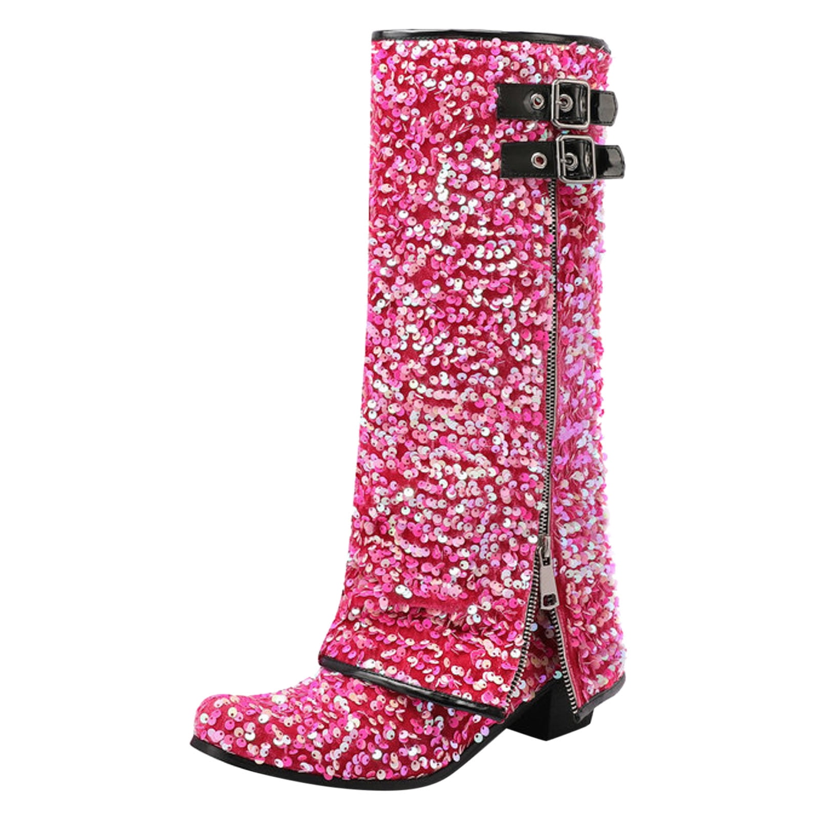 Oyedens Sequin Wide Mid Calf Boots for Women Glitter Zipper Buckle Low ...