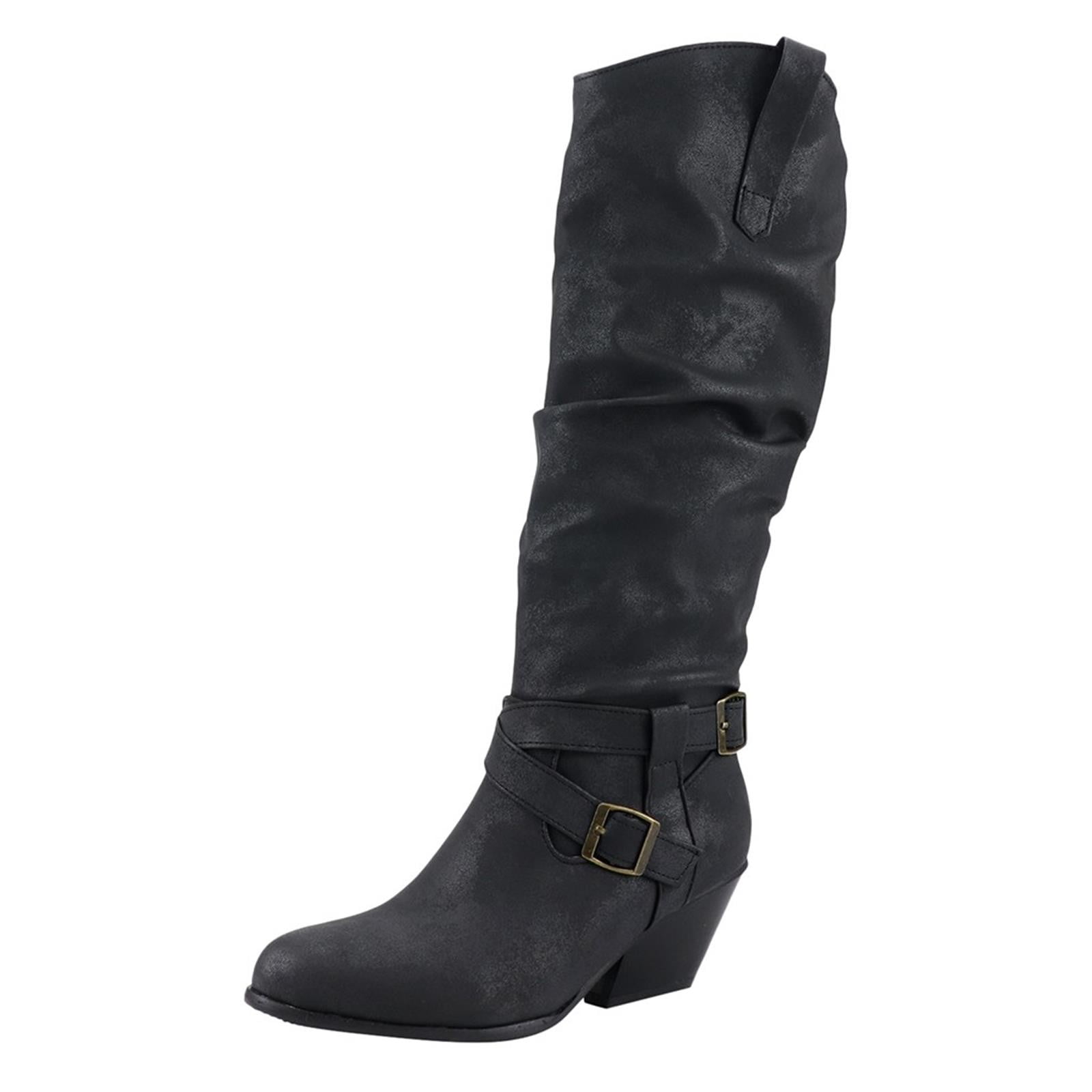 Oyedens Slouch Knee Length Boots for Women Vintage Casual Mid Heels ...
