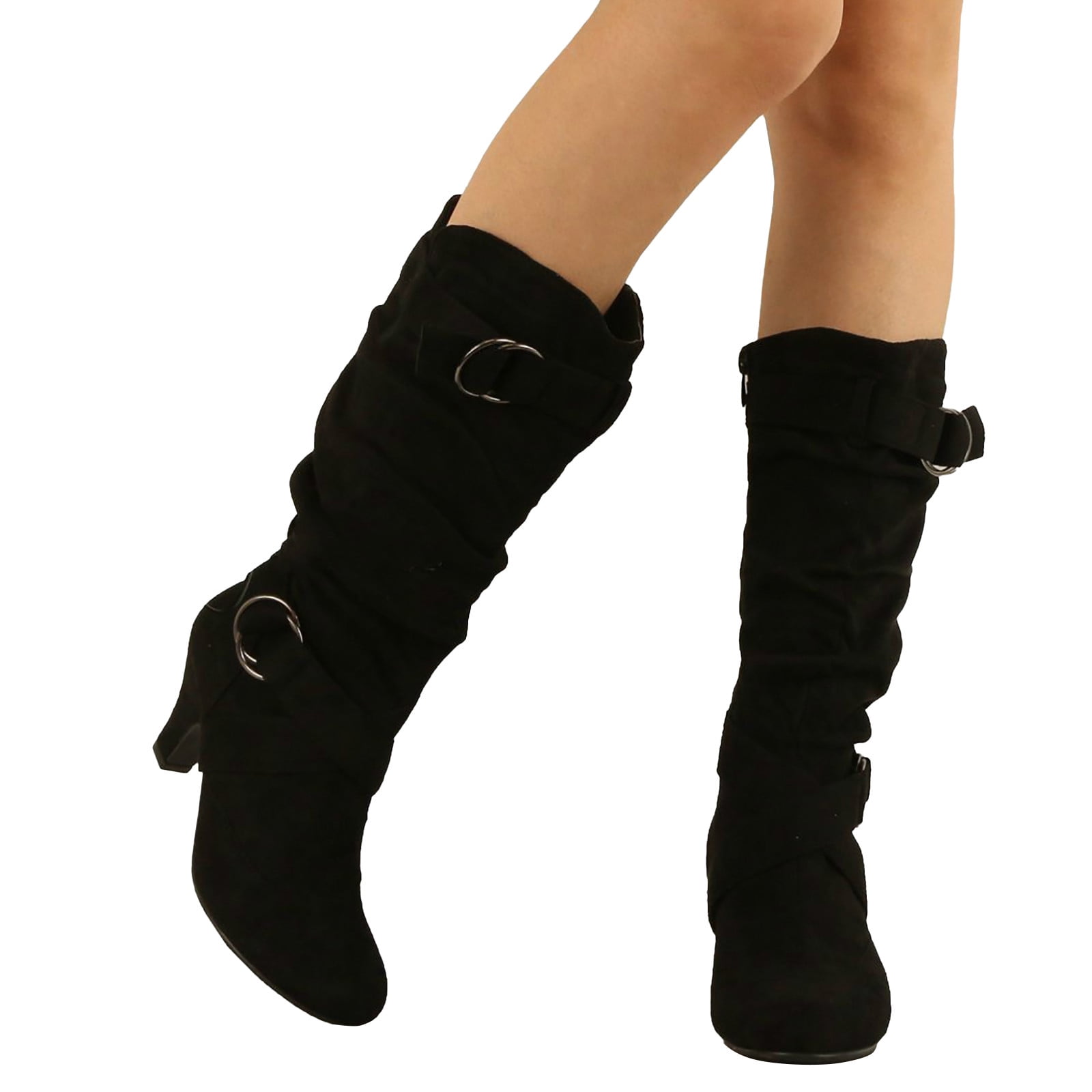Oyedens Slouch Mid Calf Boots for Women Pointed Toe Kitten High Heels ...