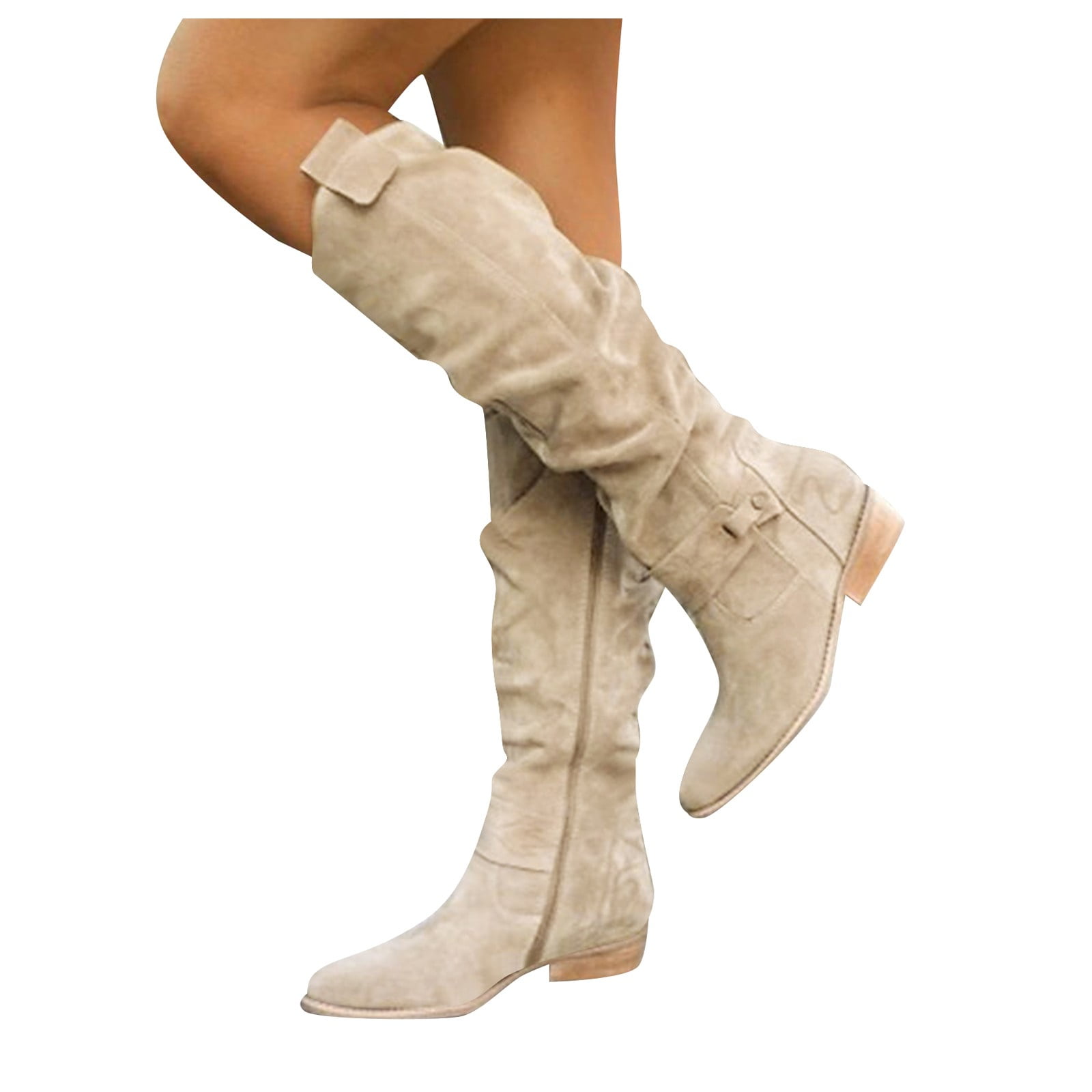 Oyedens Slouchy Knee High Cowboy Boots for Women Fashion Suede Low Heel ...
