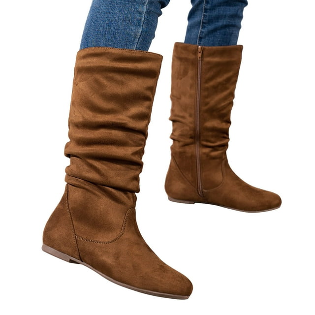 Oyedens Slouchy Mid Calf Boots for Women Fashion Casual No Heels Zip up ...