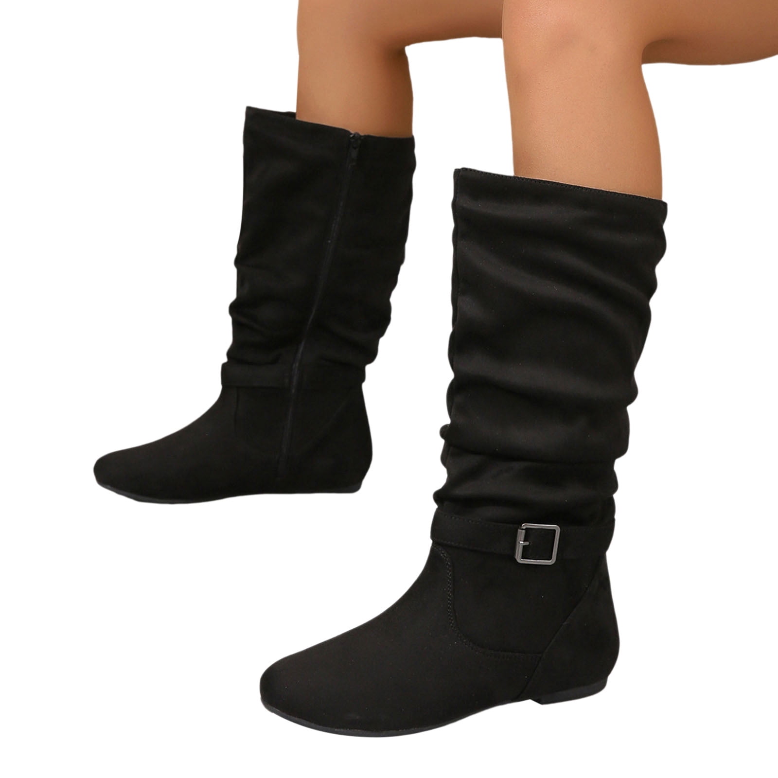 Oyedens Slouchy Mid Calf Boots for Women with No Heels Black Fashion ...