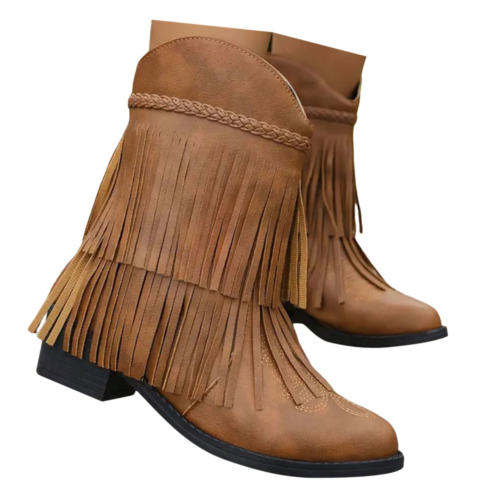 Oyedens Tassel Cowboy Boots for Women Boho Fringe Mid Heels Western Mid ...