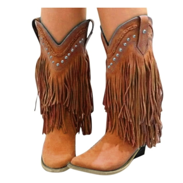 Oyedens Tassel Knee High Cowboy Boots for Women Bohemian Western Wide ...