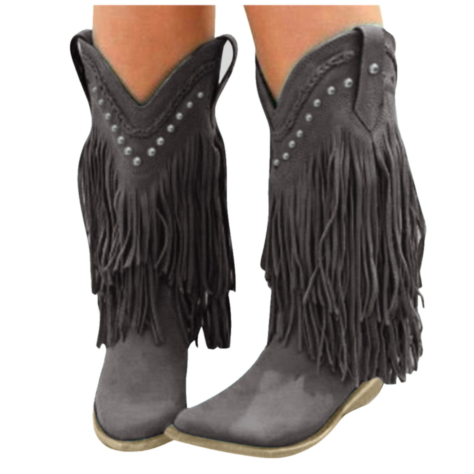 Oyedens Tassel Knee High Cowboy Boots for Women Bohemian Western Wide ...