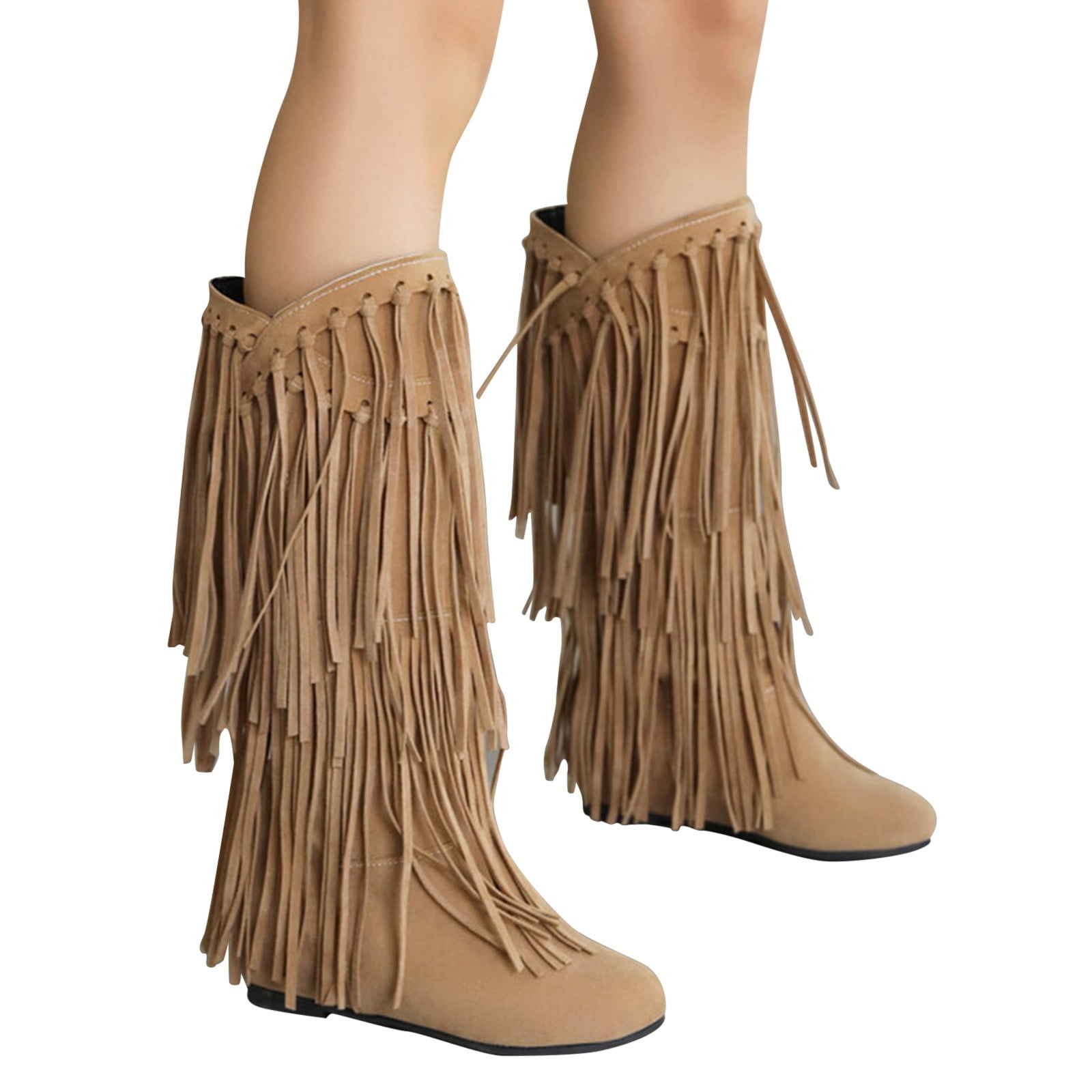 Oyedens Tassel Mid Calf Cowboy Boots for Women Vintage Long Fringe ...