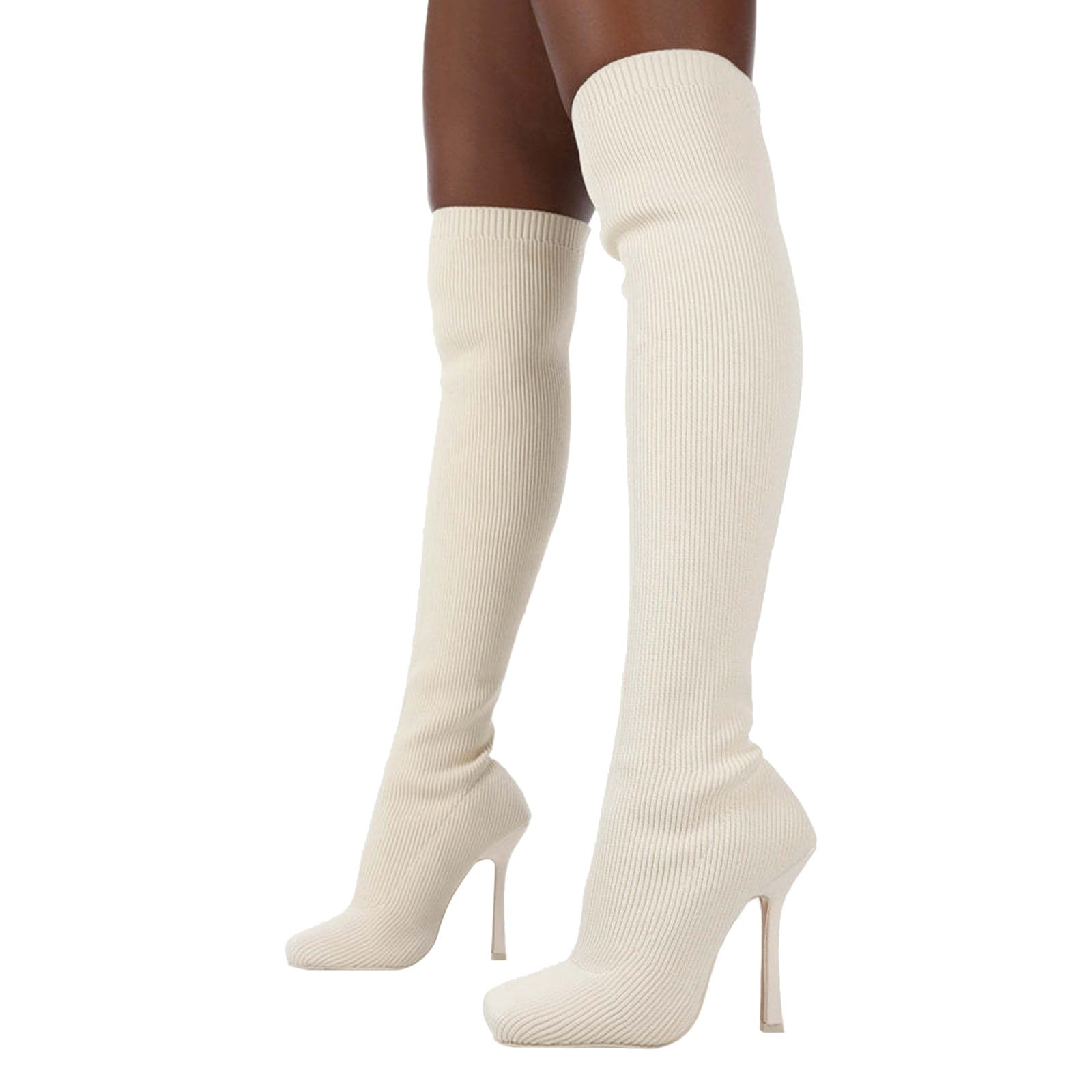 Oyedens Thigh High Boots for Women Winter Fall Knit Square Toe Stiletto ...
