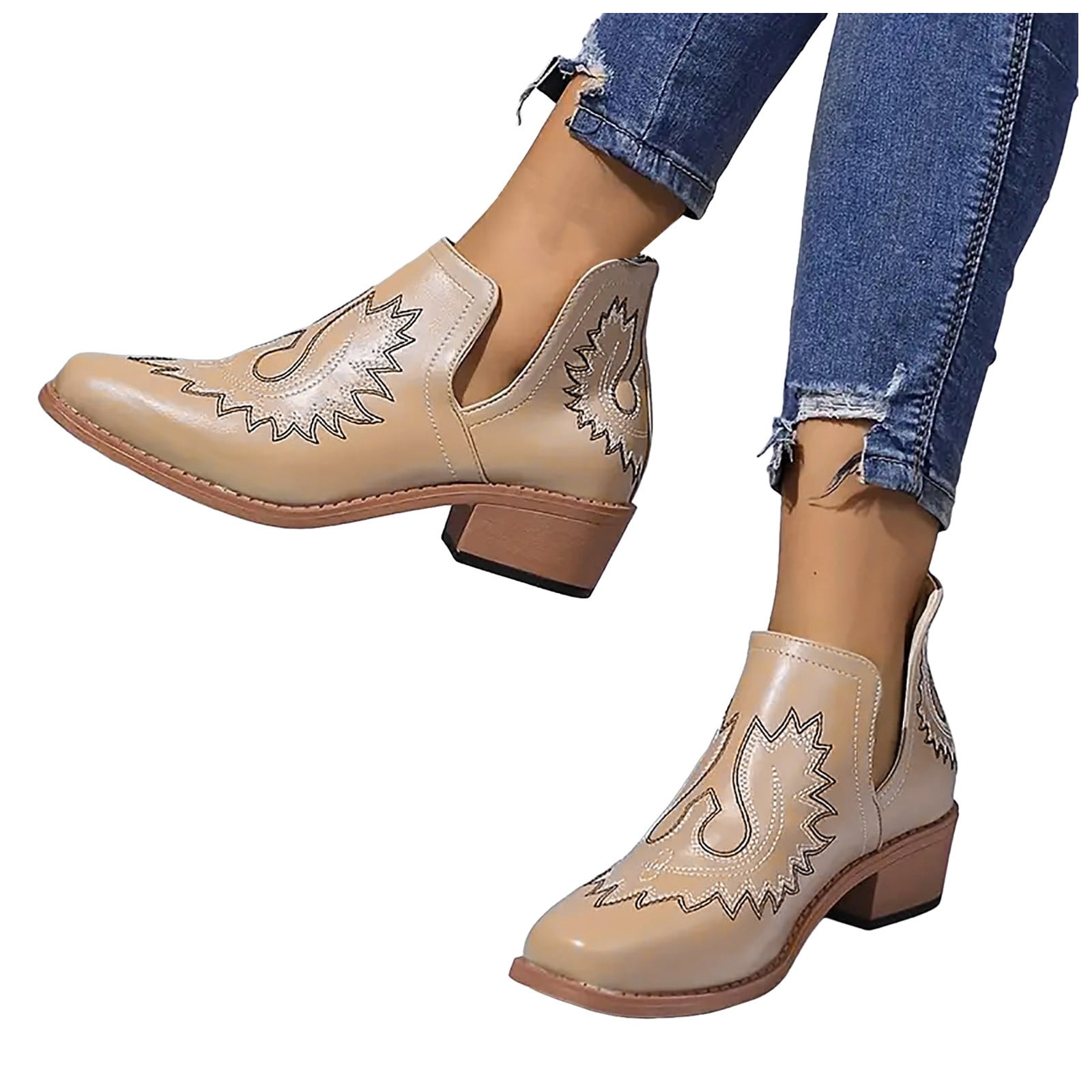 Oyedens Western Cowboy Cowgirl Boots for Women Bohemian Cut Out Square ...
