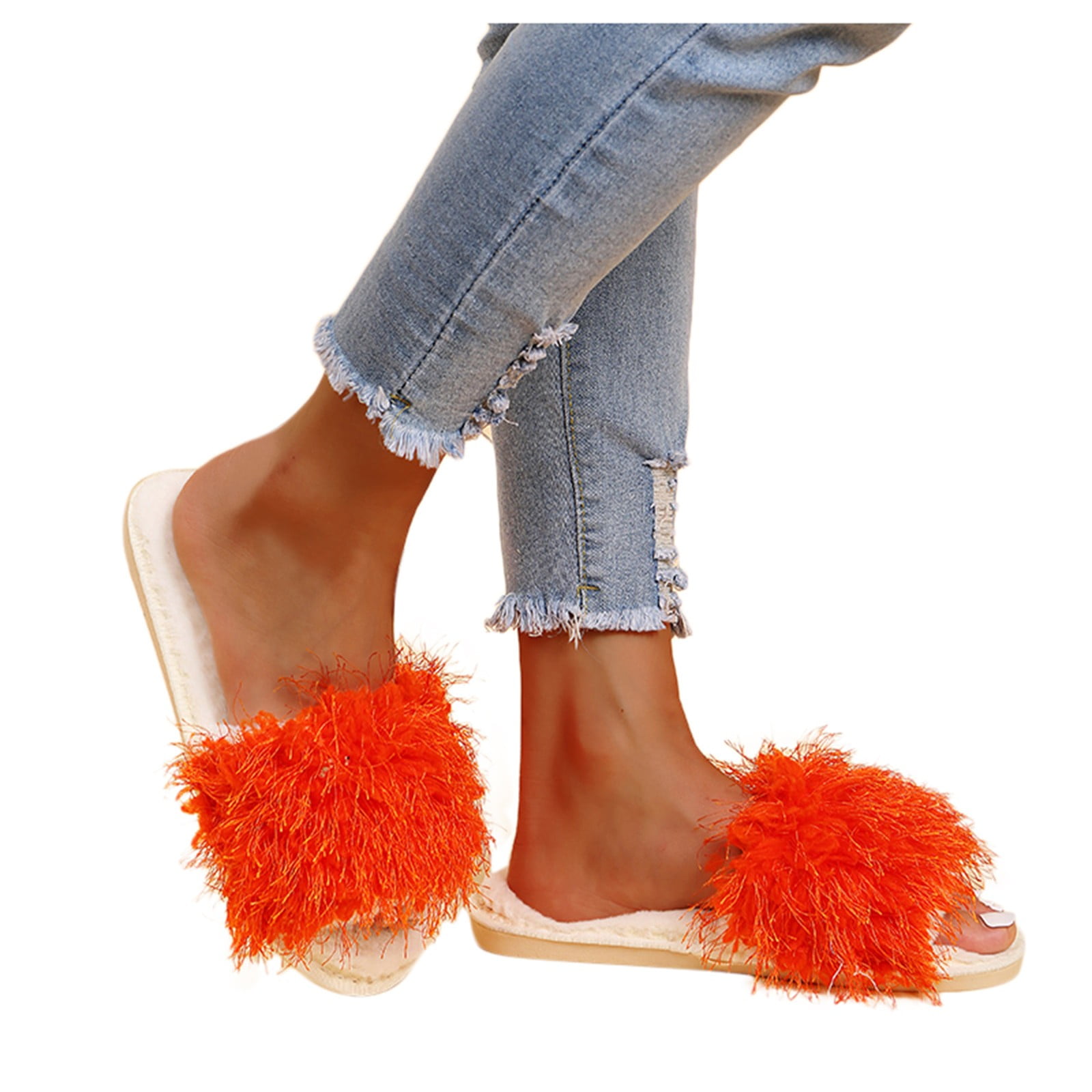 Oyedens Women's Fuzzy Fluffy Furry Slippers Open Toe House Memory Foam ...