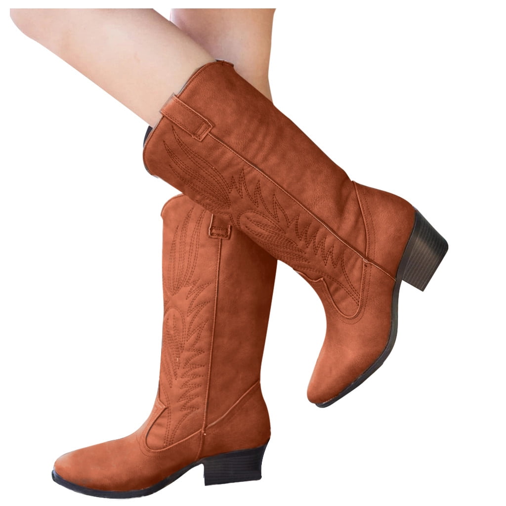Oyedens Women's Wide Mid Calf Cowby Boots Pointed Toe Western Cowgirls ...