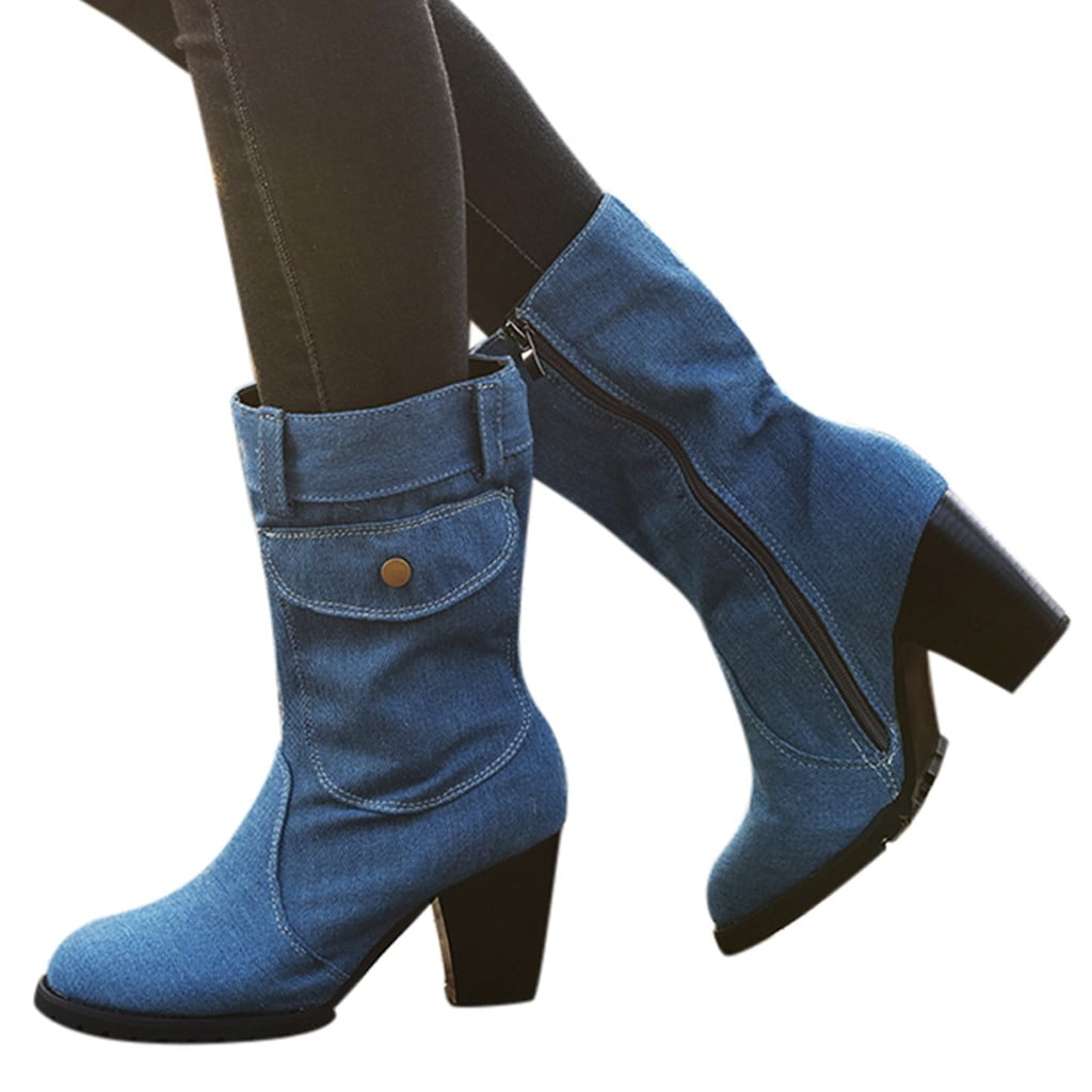 Oyedens Womens Denim High Heels Mid Calf Boots Vintage Casual Side ...