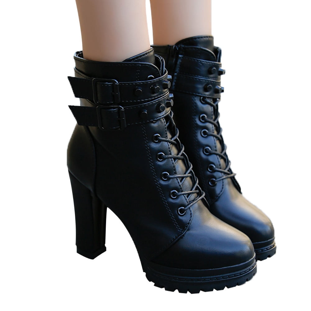Oyedens Womens High Heels Combat Riding Boots Fashion Lace up Chunky ...