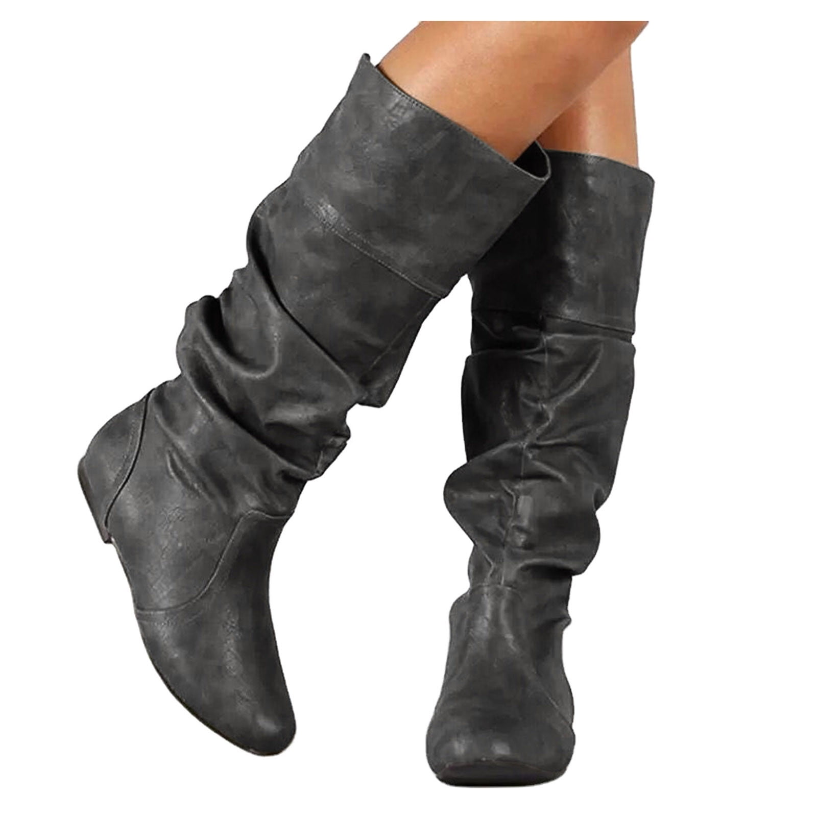 Oyedens Womens Mid Calf Boots Slouchy Fashion Leather Flats Knee High ...