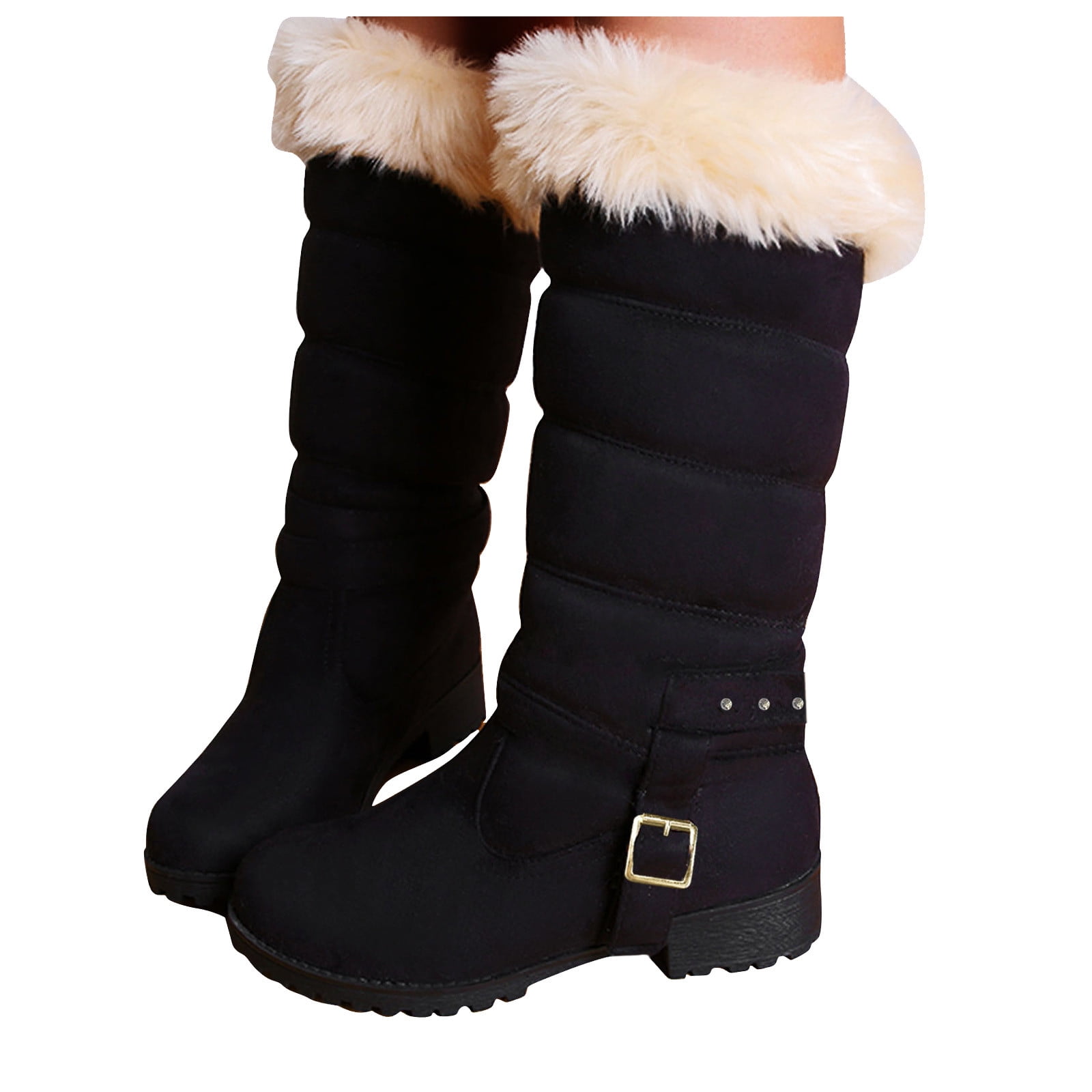 Oyedens Womens Mid Calf Snow Boots Fashion Fuzzy Plush Lined Low Heels ...