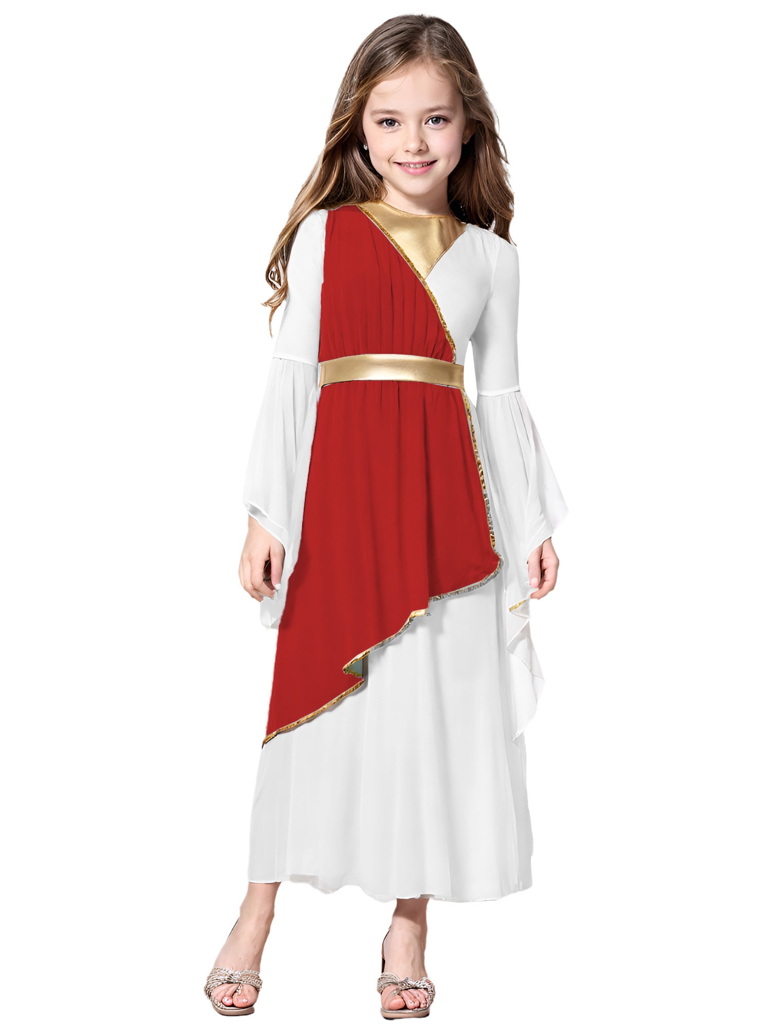 Oyolan Girls Long Sleeve Gown with Elegant Bell Sleeves Greek Toga ...