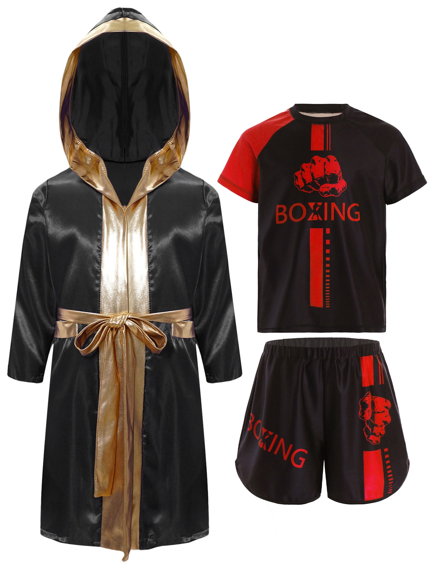 Oyolan Kids Boys Boxing Uniform 3 Piece Satin Hooded Boxing Robe with ...