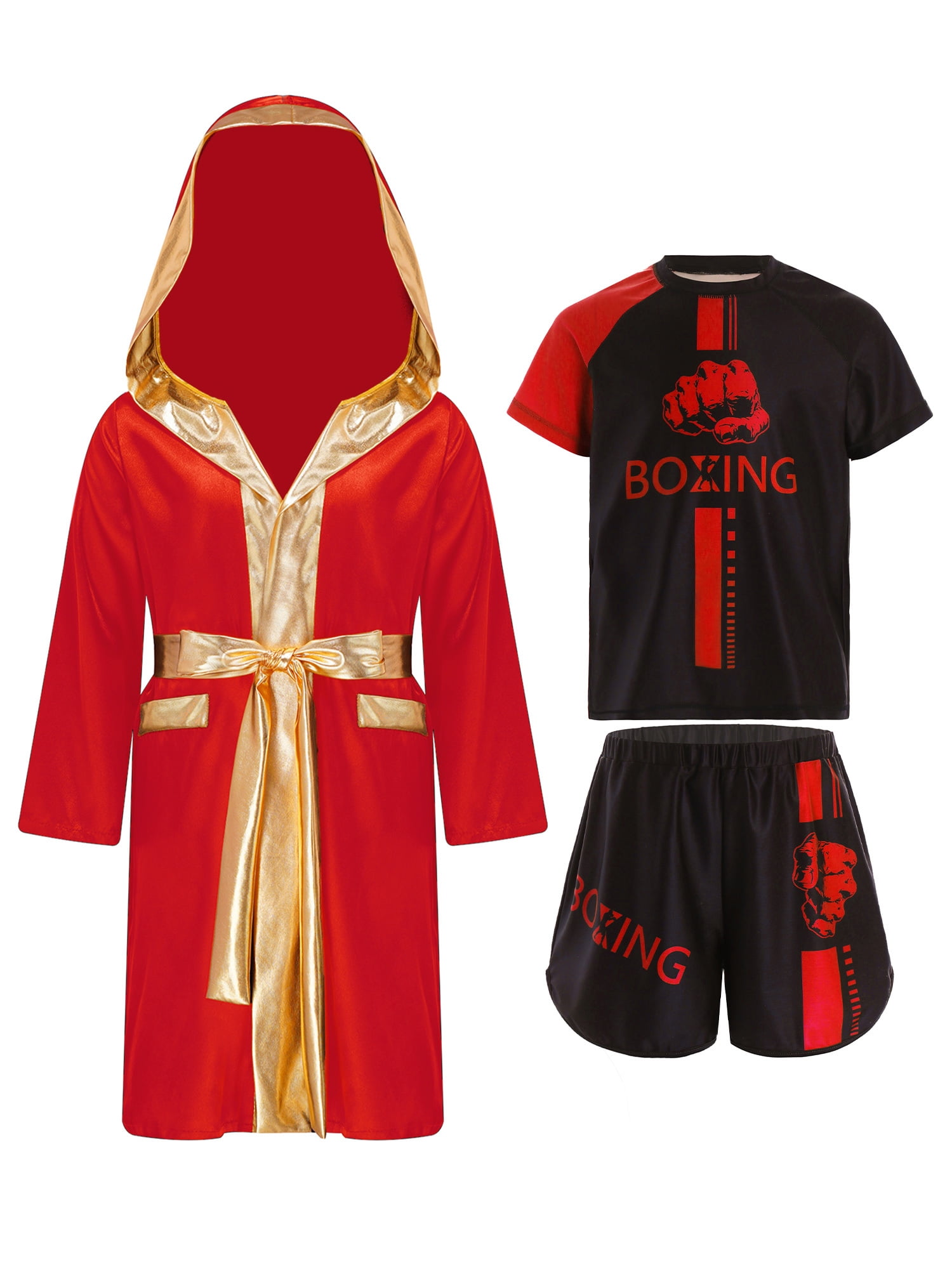 Oyolan Kids Boys Boxing Uniform 3 Piece Satin Hooded Boxing Robe with ...