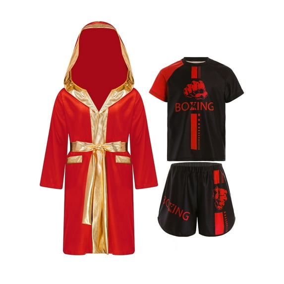 Oyolan Kids Boys Boxing Uniform 3 Piece Satin Hooded Boxing Robe with ...