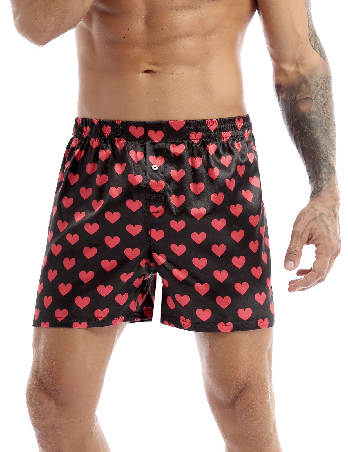 Oyolan Mens Love Heart Print Boxers Shorts Silky Satin Elastic Waist ...