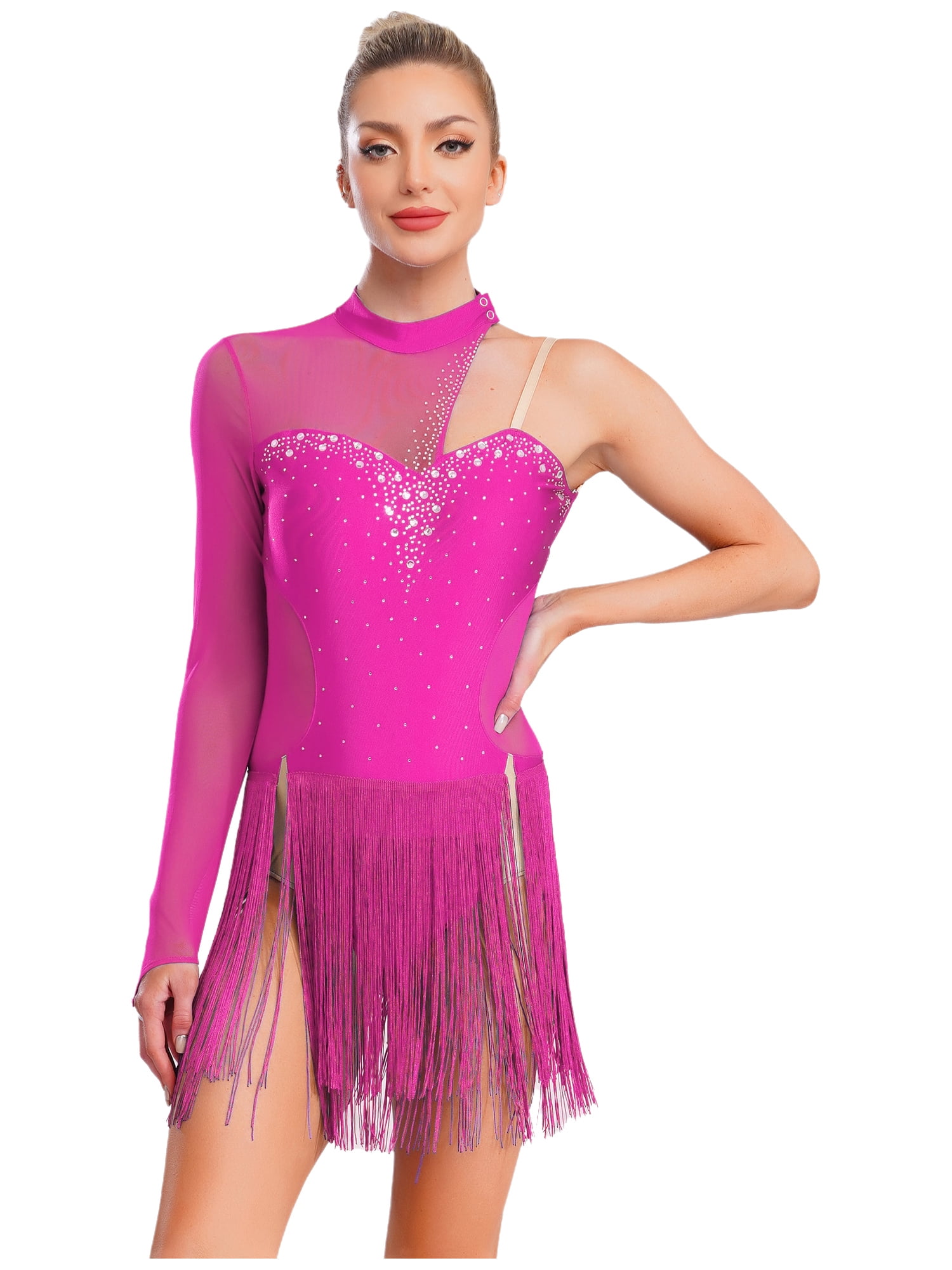 Oyolan Women's Ballroom Dance Outfit One Shoulder Fringed Tango Salsa ...