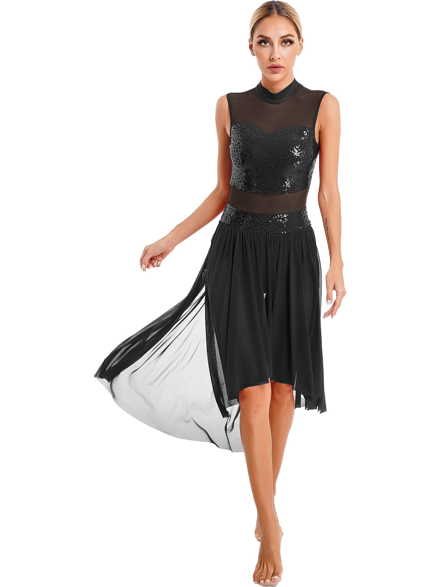 Oyolan Women's Lyrical Sequined Cut Out Ballet Dance High Split Overlay ...