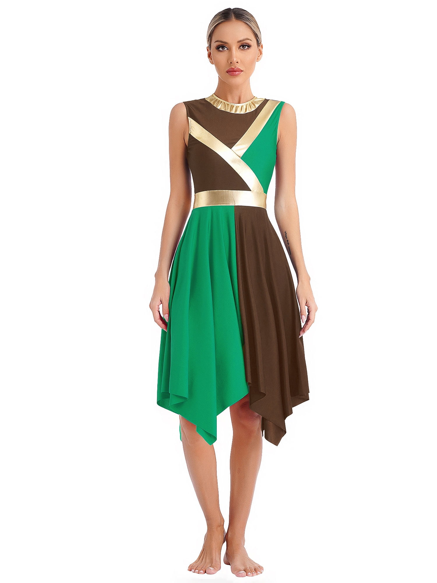 Oyolan Women's Metallic Color Block Praise Dance Dress Asymmetrical Hem ...