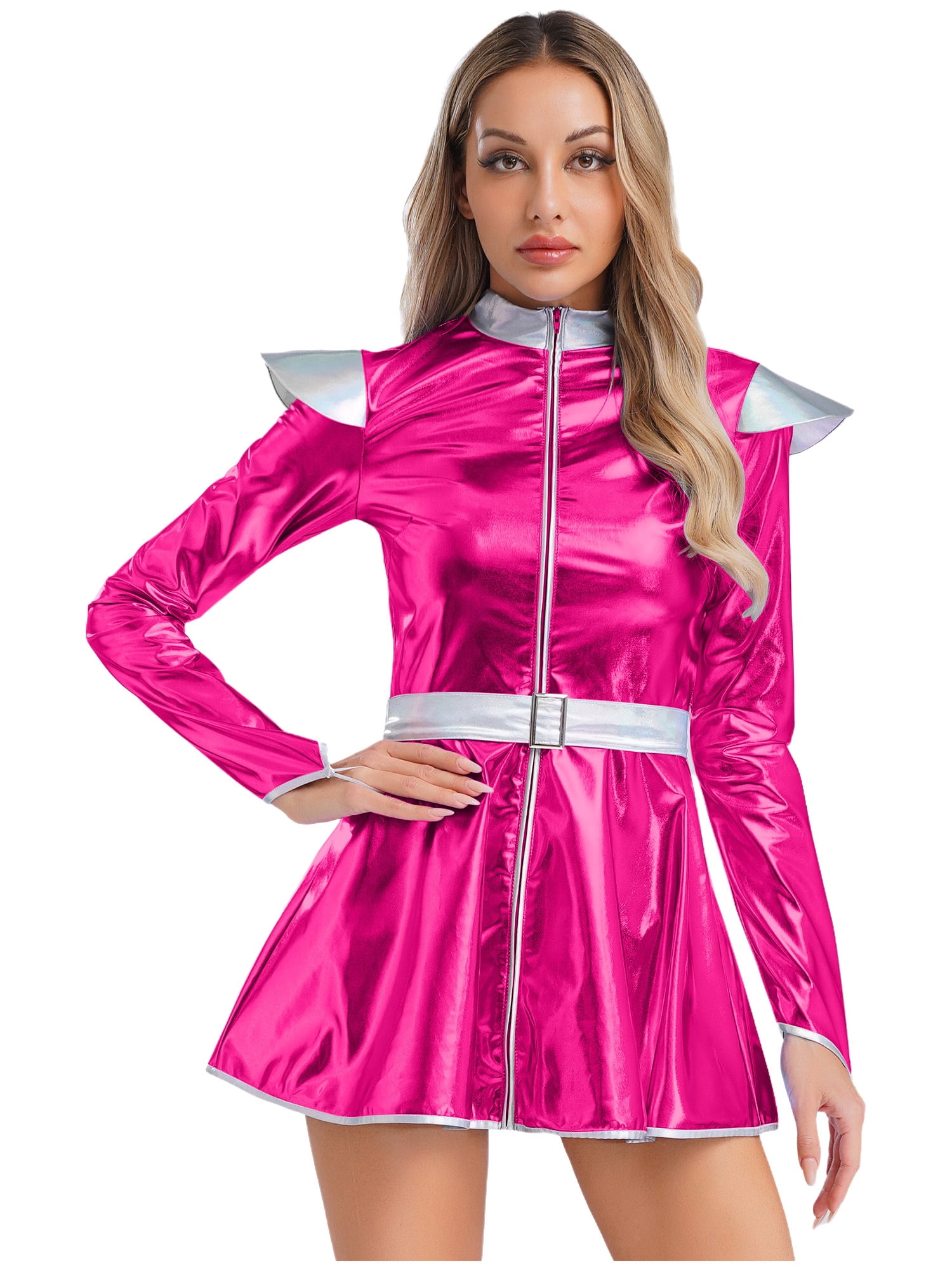 Oyolan Womens Alien Robot Fancy Dress Metallic Shiny Long Sleeve Dress ...