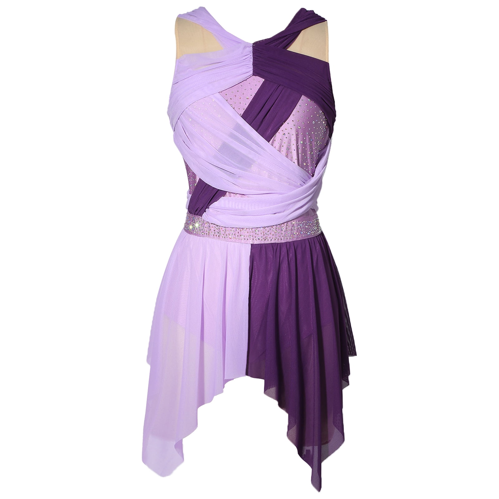 Oyolan Womens Rhinestone Lyrical Dance Dress Color Block Mesh Ruched ...