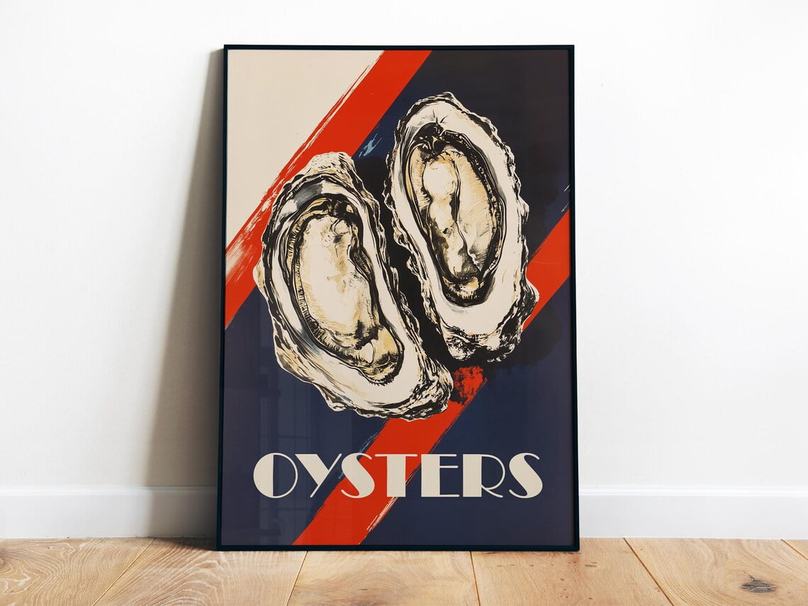 Oysters Art Print Retro Food Wall Art Oyster Kitchen Wall Art Seafood ...