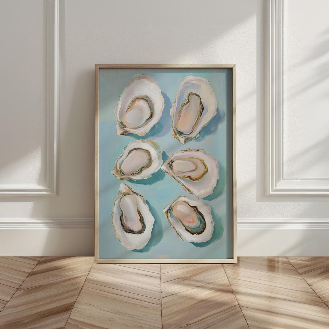 Oysters Print Pastel Blue Oyster Shell Painting, Trendy Kitchen Decor ...