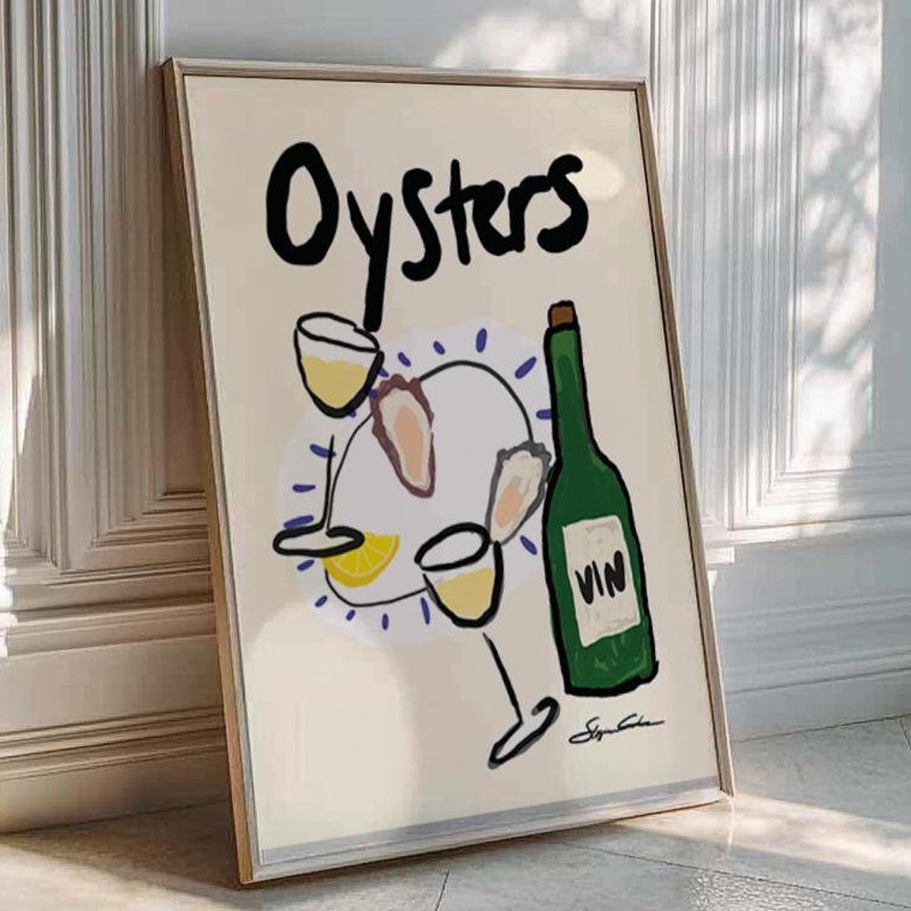 Oysters And Wine Poster, Oyster Print, Beachy Wall Art, Cocktail Poster, Bar Cart Prints, Trendy ...