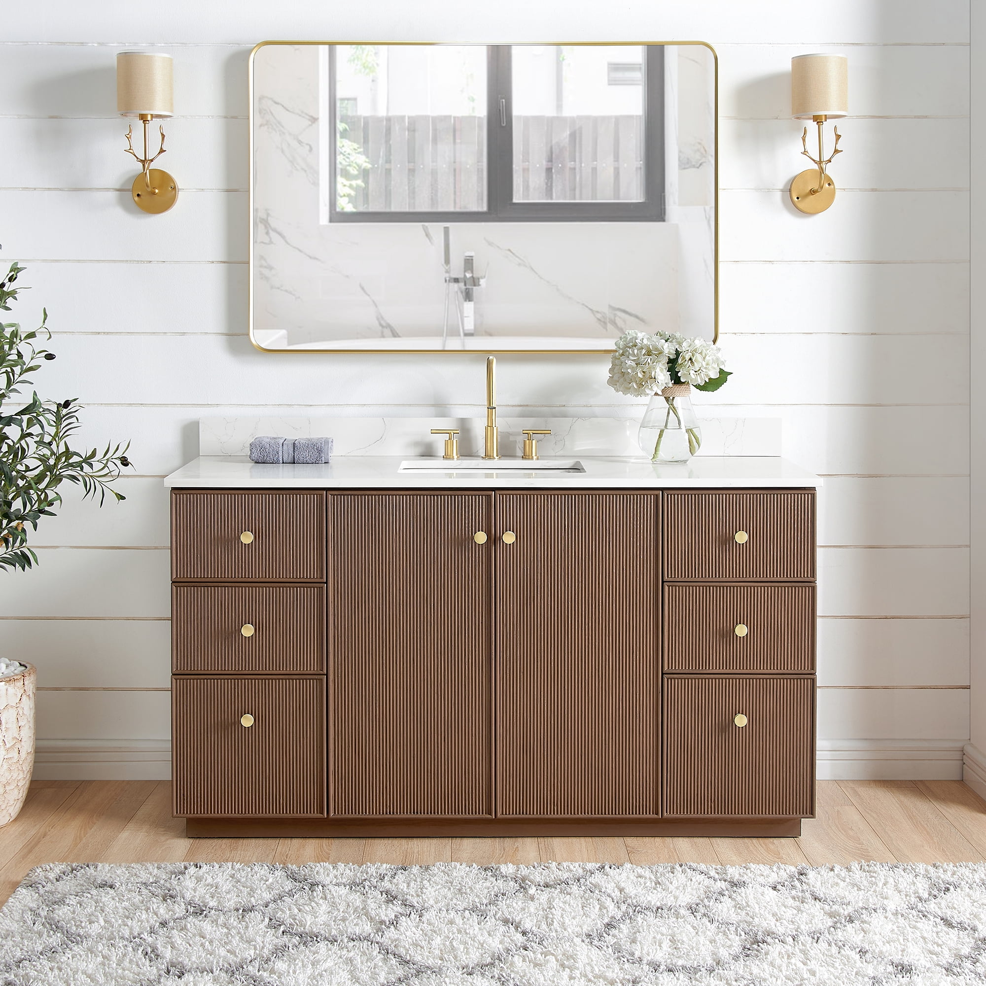 Oza 60" Bath Vanity in Aged Dark Brown Oak with Fish Maw White Quartz ...