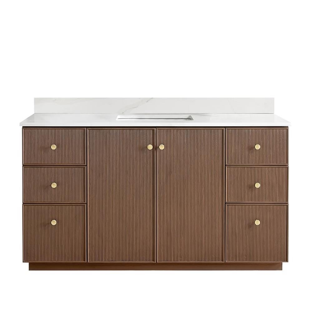 Oza 60" Single Bath Vanity in Aged Dark Brown Oak with Fish Maw White ...