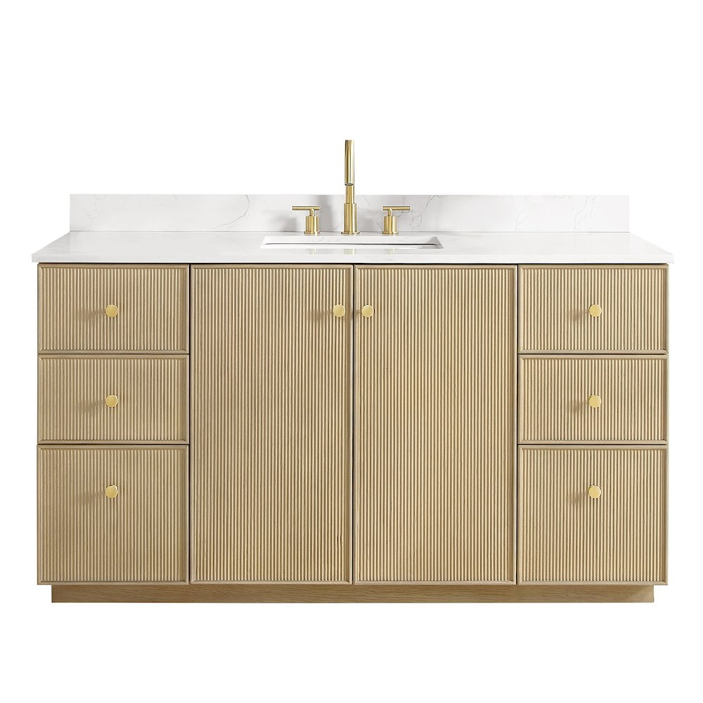 Oza 60" Single Bath Vanity in Aged Natural Oak with Fish Maw White ...