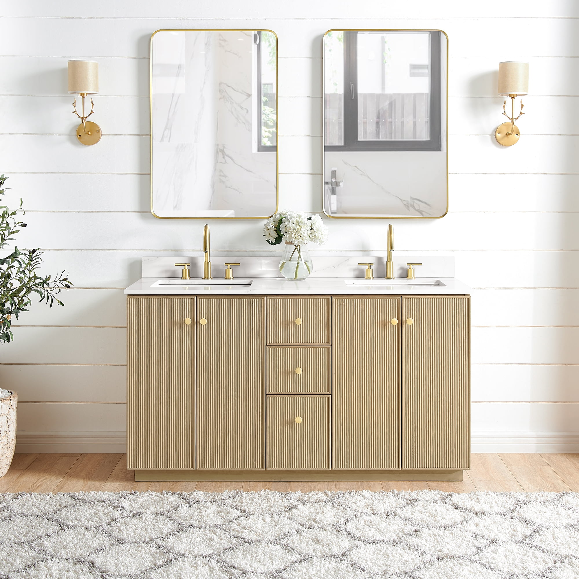 Oza 60M" Double Bath Vanity in Aged Natural Oak with Fish Maw White ...