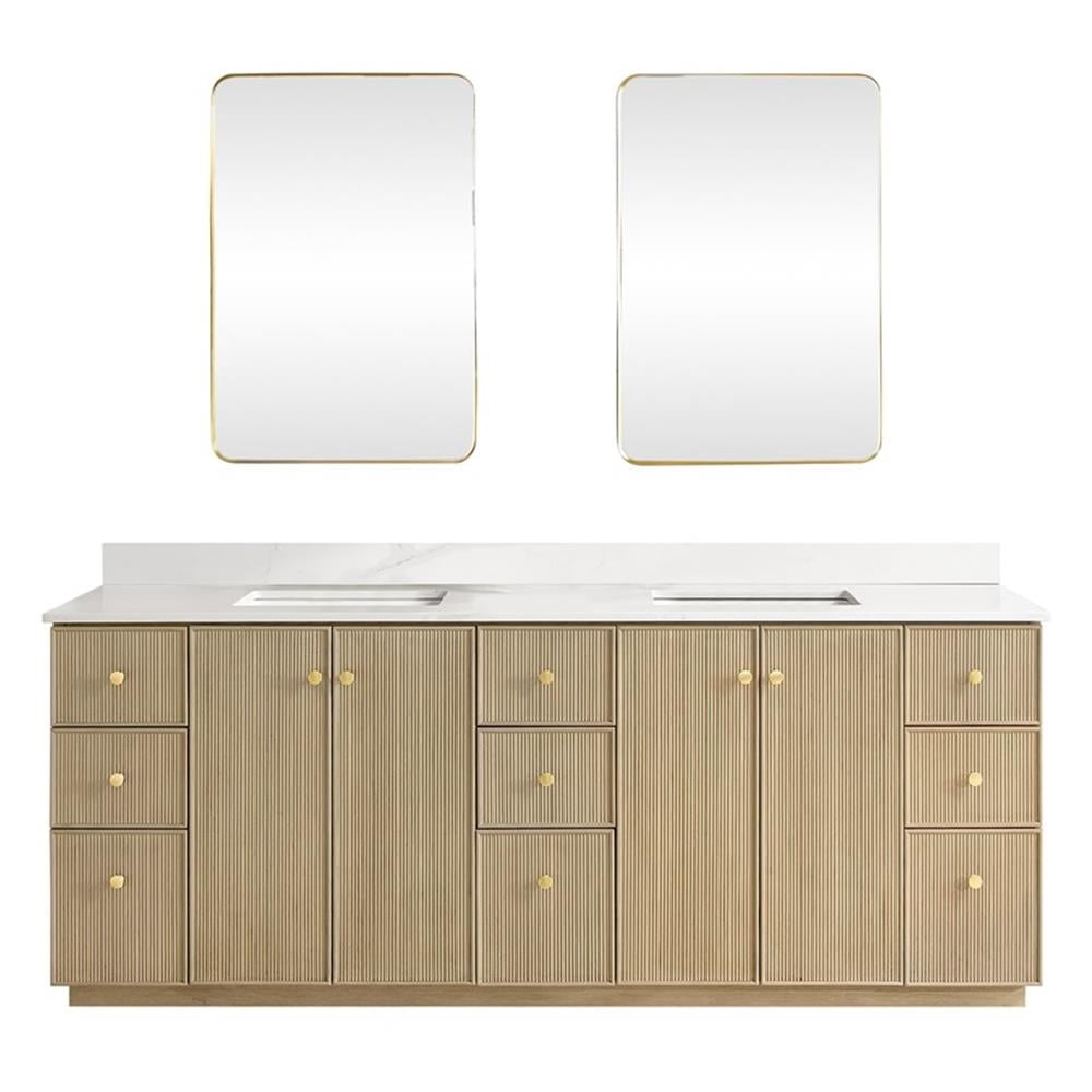 Oza 84" Bath Vanity in Aged Natural Oak with Fish Maw White Quartz ...