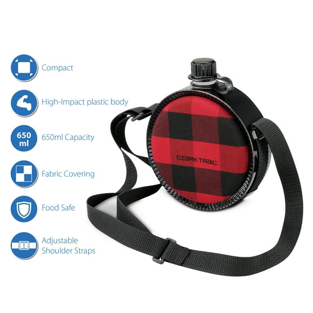 Ozaik Trail Brand 20OZ Canteen, 650ml , Red & Black, Plastic Bottle with Polyester Fabric ...