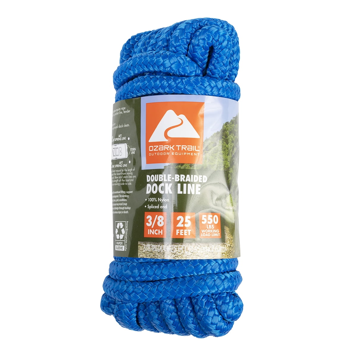 Ozark Trail 3/8x25 ft Nylon Double-Braided Marine Dock Line Blue Boat Rope - Walmart.com