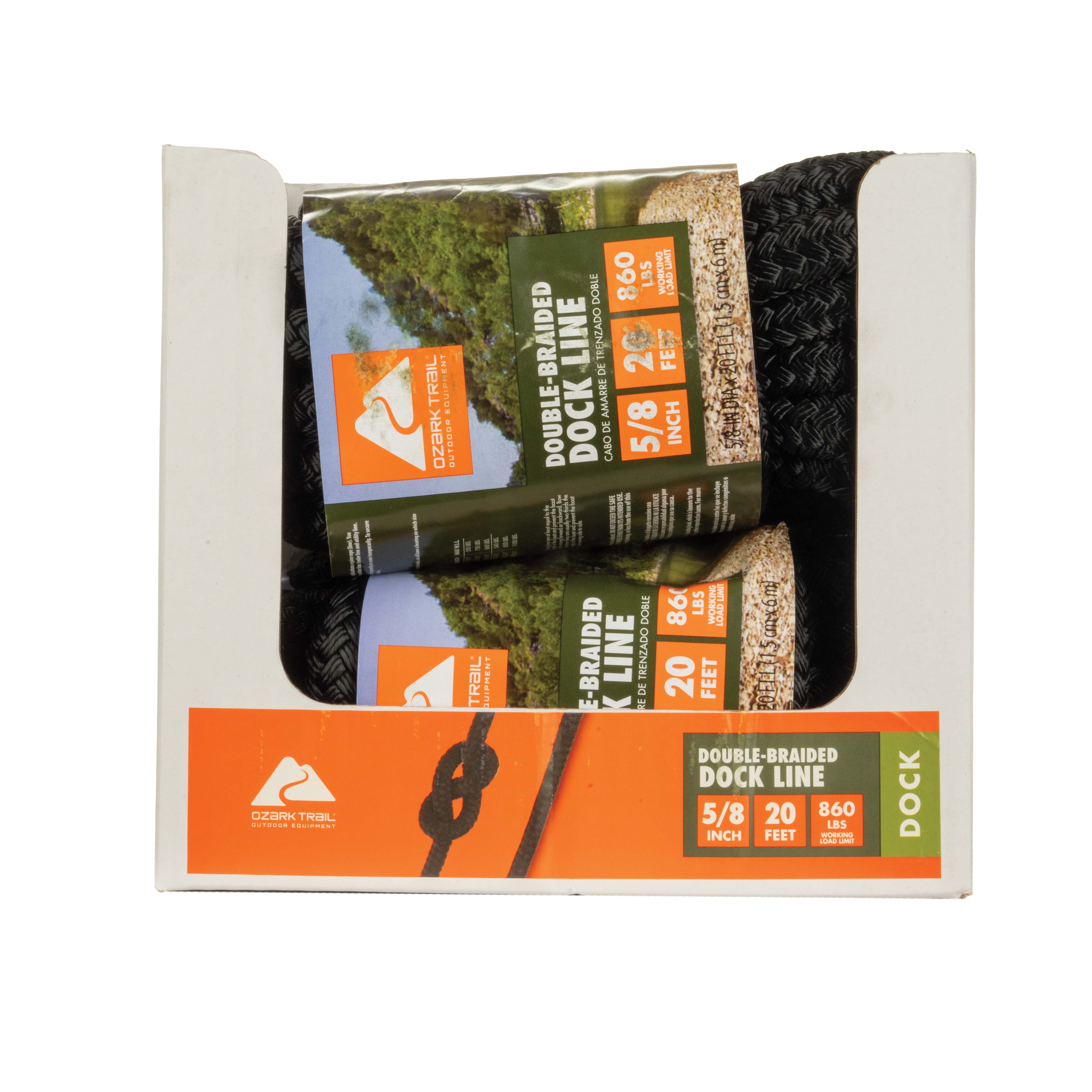 Ozark Trail Marine Boat Dock Line 5/8 x 20ft Double Braided Rope Black ...