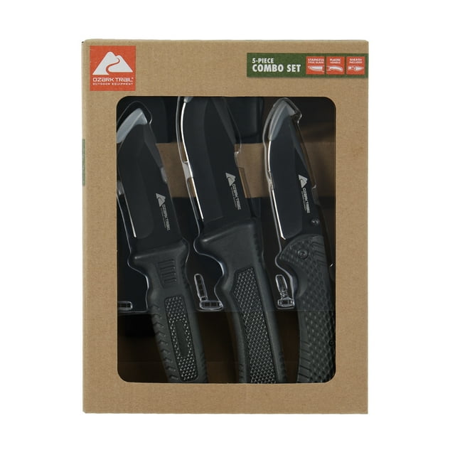 Ozark Trail 5PCS 7.56 inch Fixed Blade Knife ,7.8" Folding Knife, Black ...