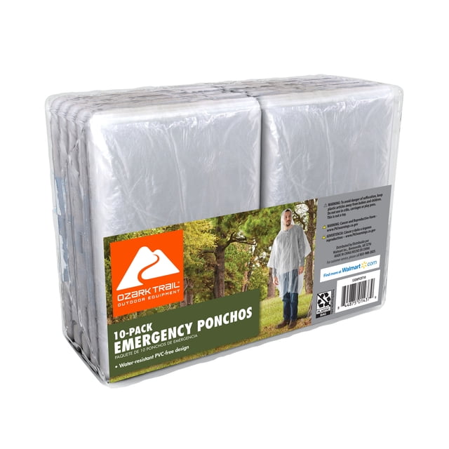 Ozark Trail Clear Emergency Poncho - 10 Pack - Walmart Business Supplies