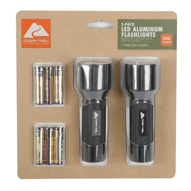 Ozark Trail LED 300 Lumens Handheld Aluminum Flashlights, with 6 AAA ...