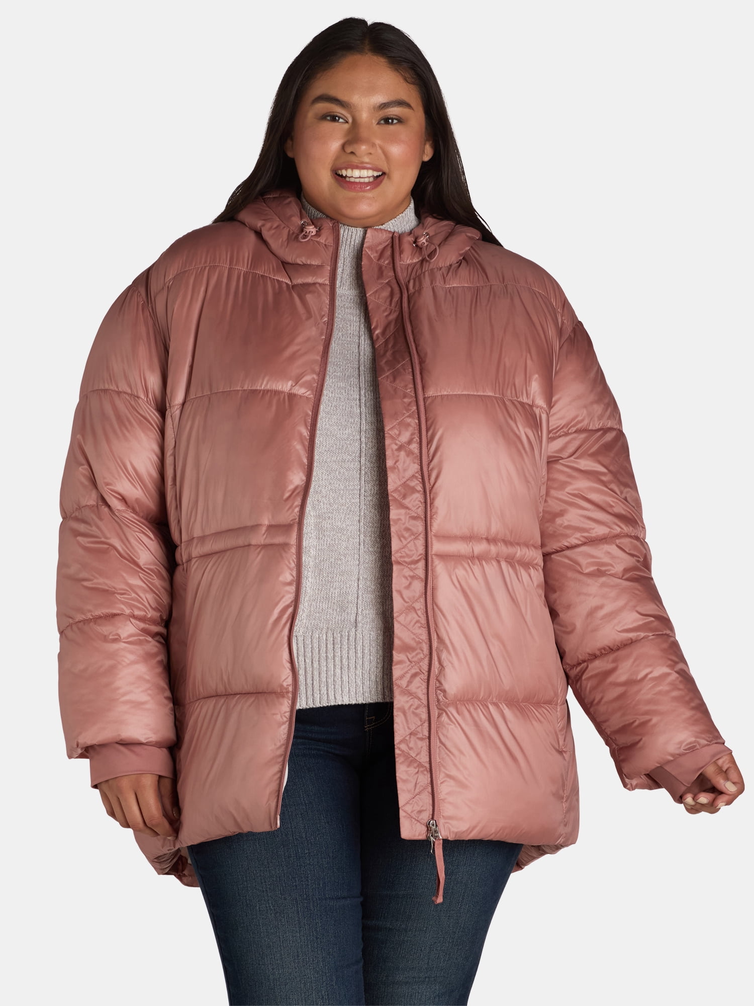 Ozark Trail Women's and Women’s Plus Hooded Puffer Jacket, Mid Length ...