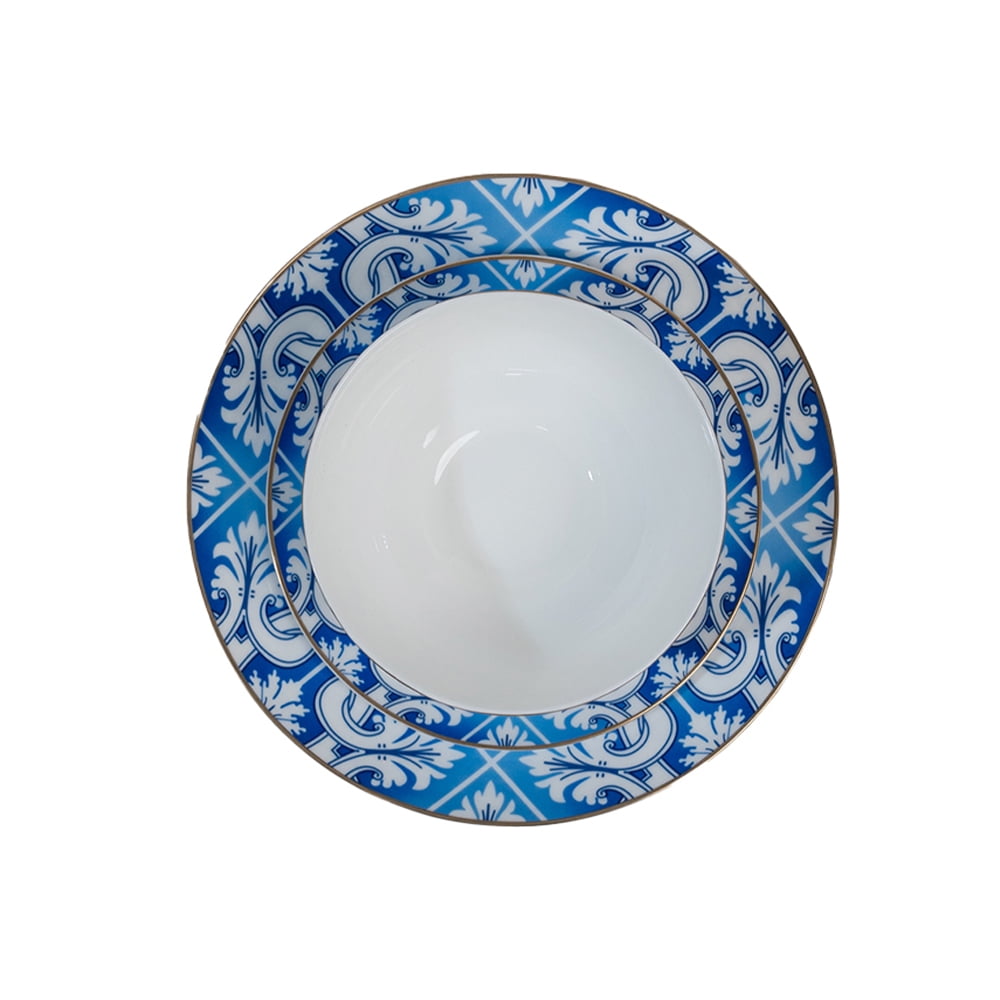 Ozarke Blue And White With Gold Rim Plates Set, Fine Bone China (Set of ...