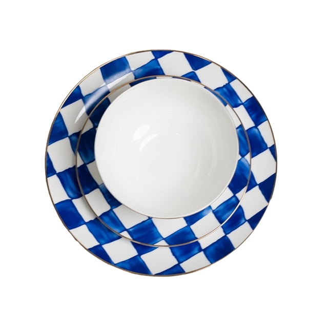 Ozarke Royal Blue Check Plate Set, Fine Bone China (Set of 12 ...