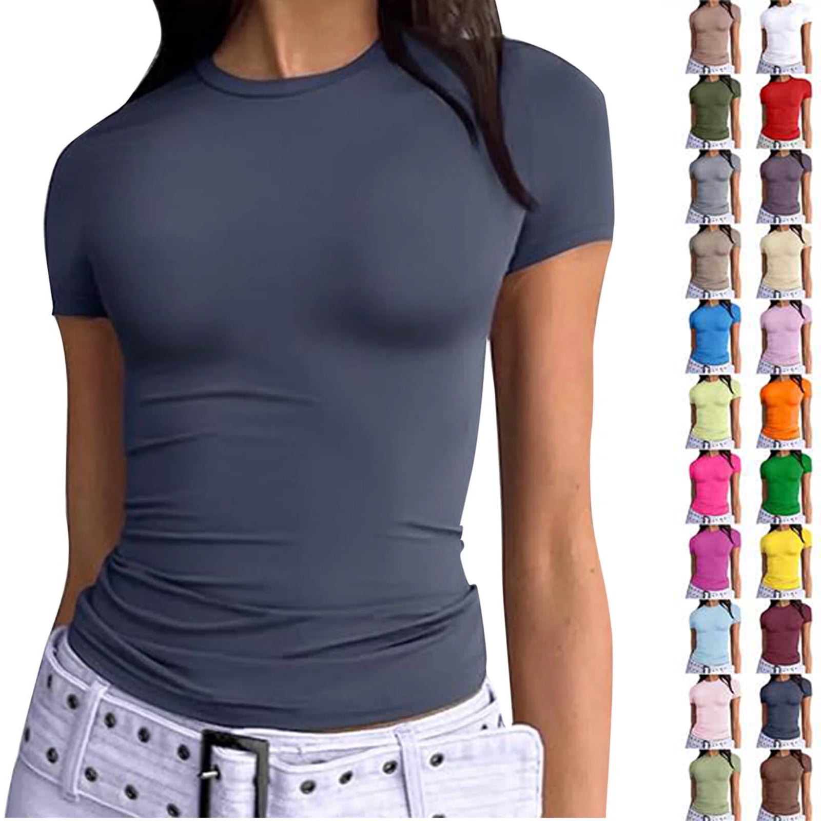 Ozmmyan Fitted Crew Neck Short Sleeve Shirts for Women Stretch Casual ...