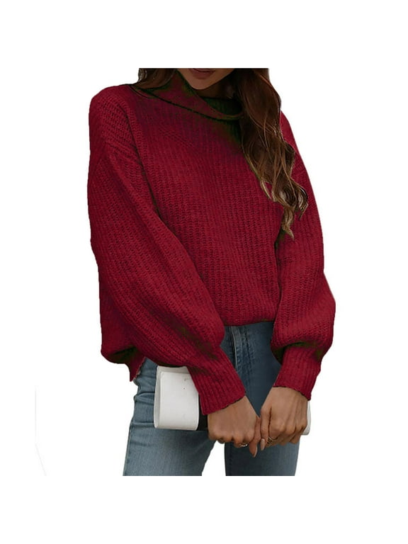 SEARIPE Women Solid Turtleneck Sweater Casual Long Sleeve Knitted Pullover Sweater Tops with ...