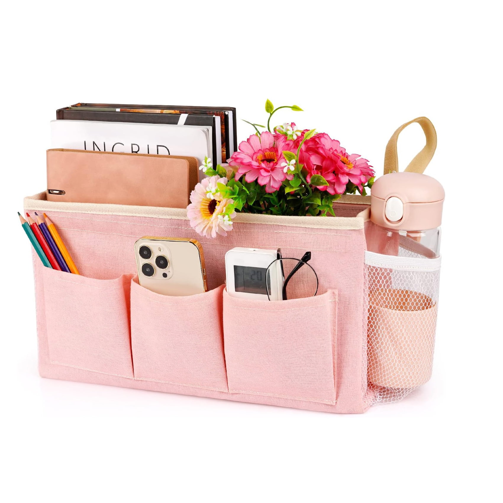 Ozzptuu Bedside Caddy, Pink Large Size Organizer, Canvas Storage Holder ...