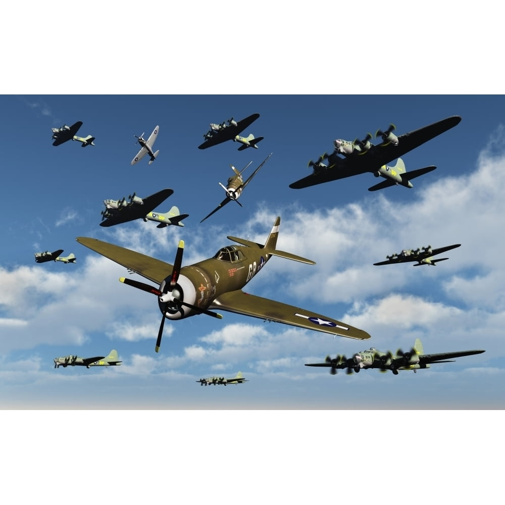 P-47 Thunderbolts escorting B-17 Flying Fortress bombers Poster Print ...